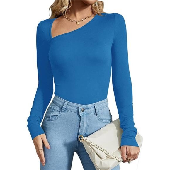 Tops | Womens Classy Asymmetrical Neck Long Sleeve Ribbed Slimming ...